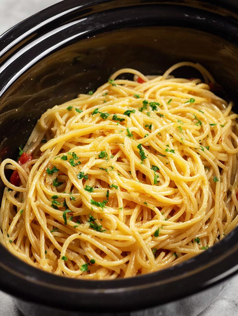 Slow Cooker Spaghetti Aglio e Olio - Skinny Daily Recipes