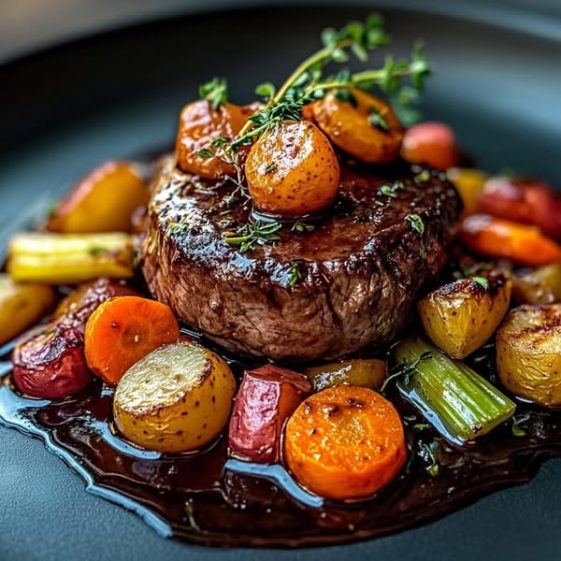Pan-Seared Filet Mignon with Roasted Vegetables and Red Wine Reduction ...