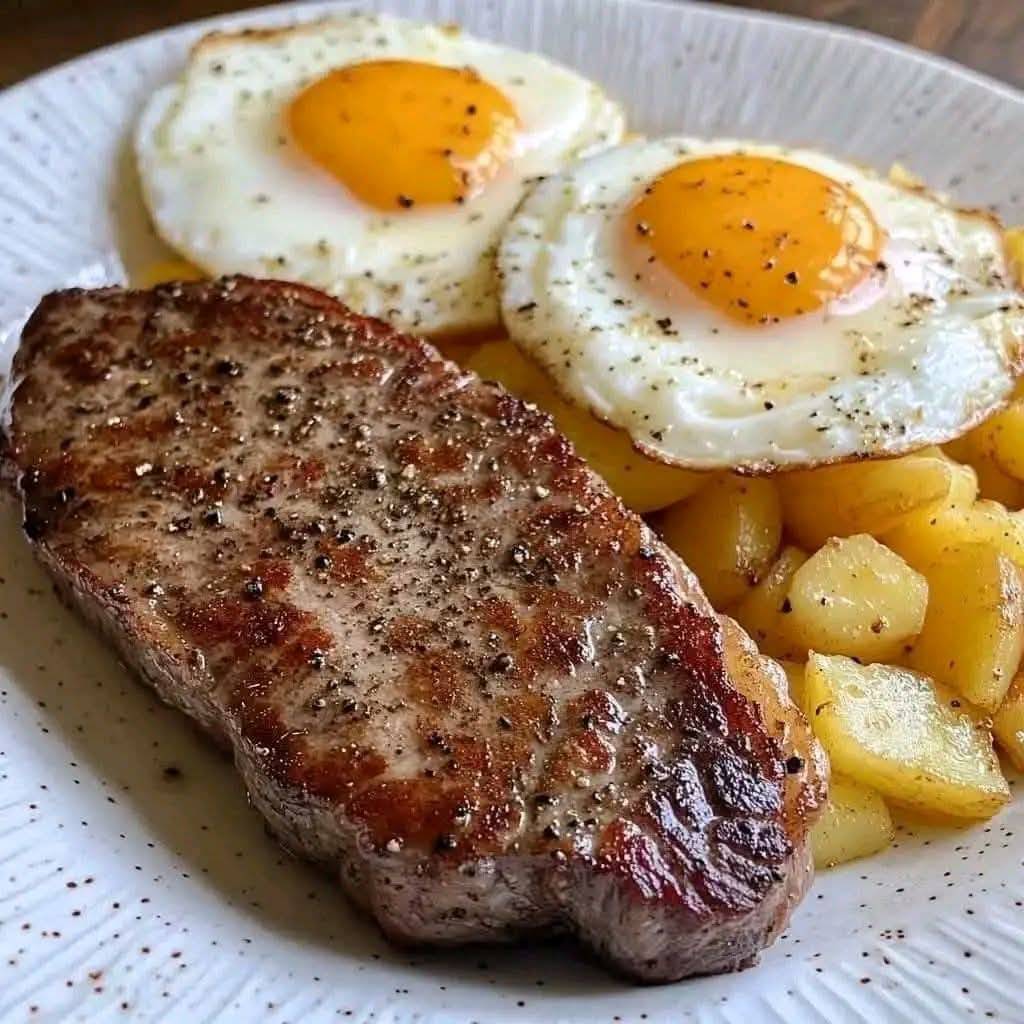 Steak and Eggs Breakfast with Homemade Hash Browns - Skinny Daily Recipes