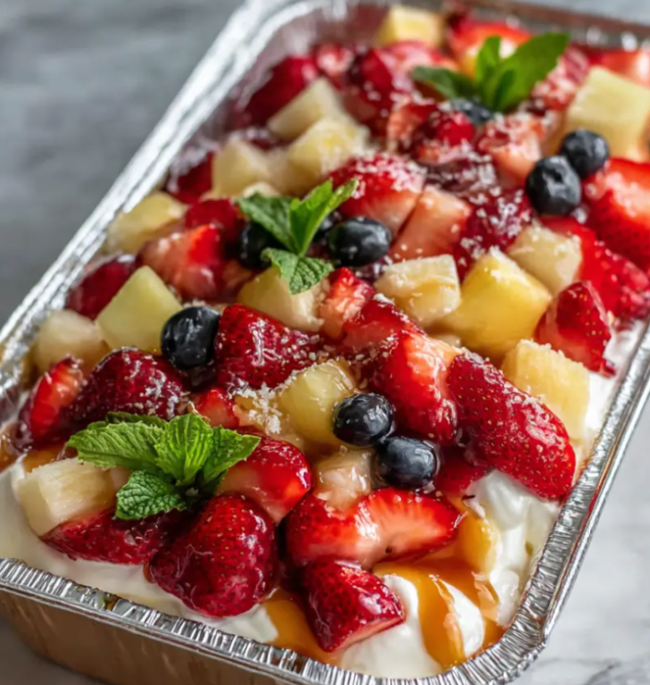 Cheesecake Fruit Salad In Tin Foil Tray - Skinny Daily Recipes